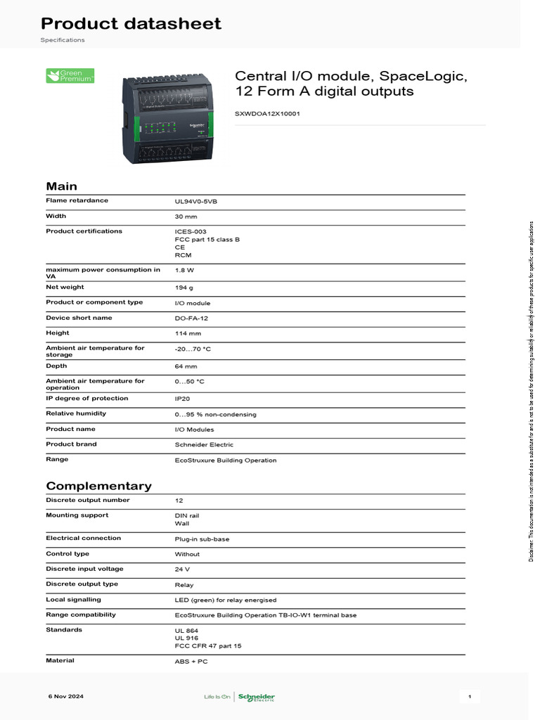 Schneider Electric - SpaceLogic-Central-I-O-Module - SXWDOA12X10001 ...