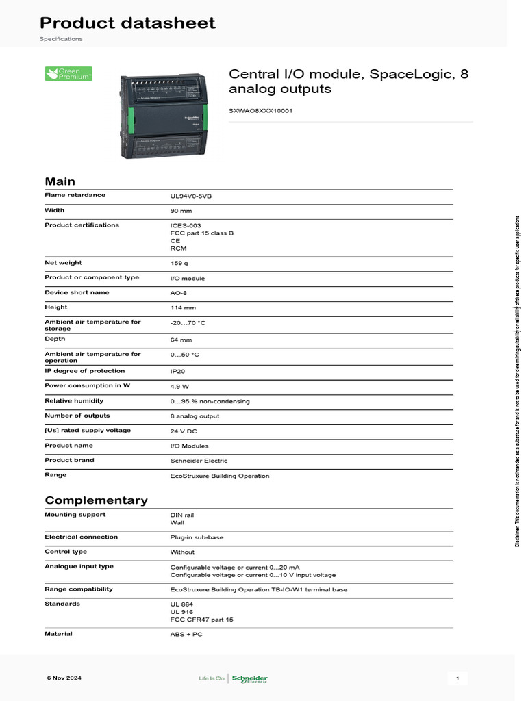 Schneider Electric SpaceLogic Central I O Module SXWAO8XXX10001 | PDF ...