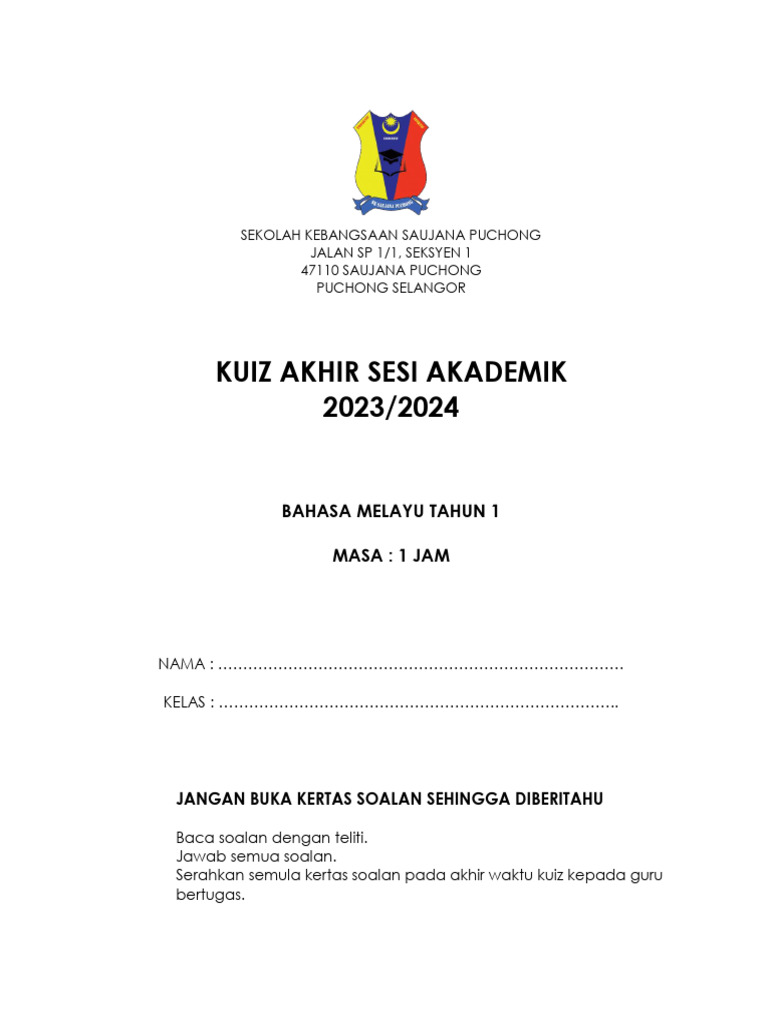 Kuiz BM Tahun 1 2024 | PDF