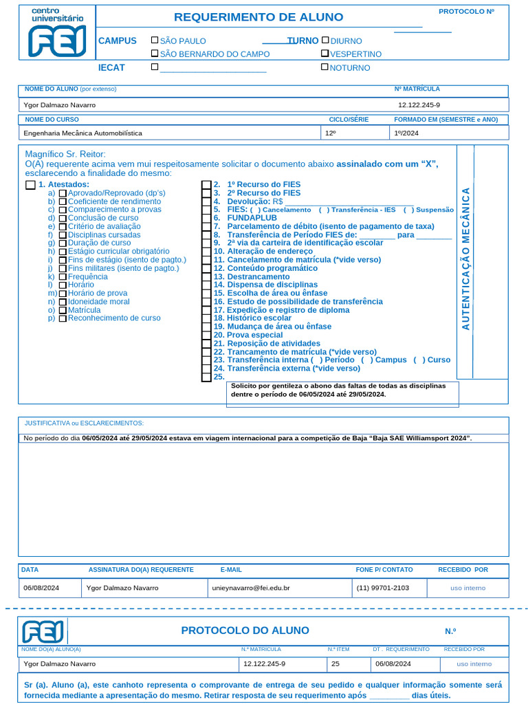 Requerimento Do Aluno Lucca | PDF