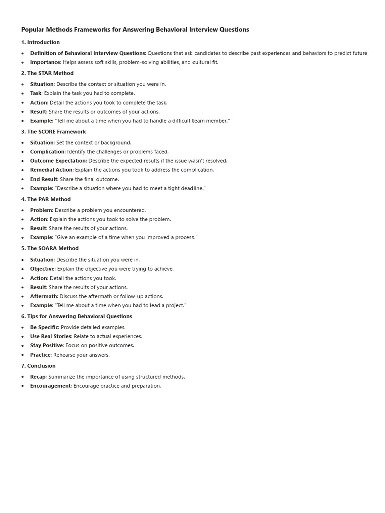 Popular Methods Frameworks For Answering Behavioral Interview Questions ...