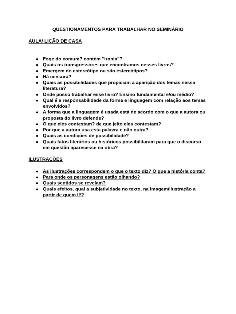 Questionamentos para Trabalhar No Seminário | PDF