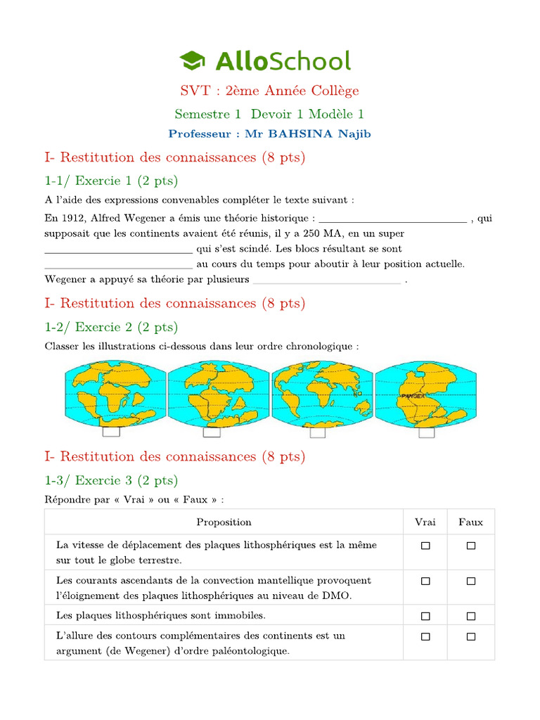 SVT 2ac Semestre 1 Devoir 1 Modele 1 1 | PDF