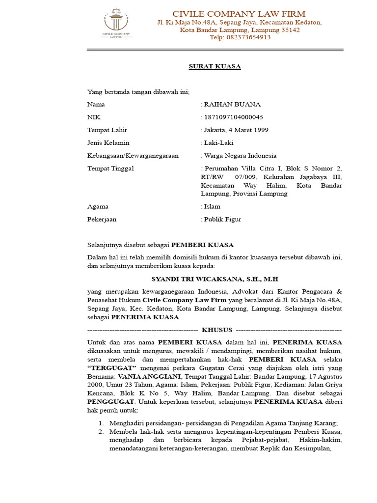 SURAT KUASA TERGUGAT PERDATA | PDF
