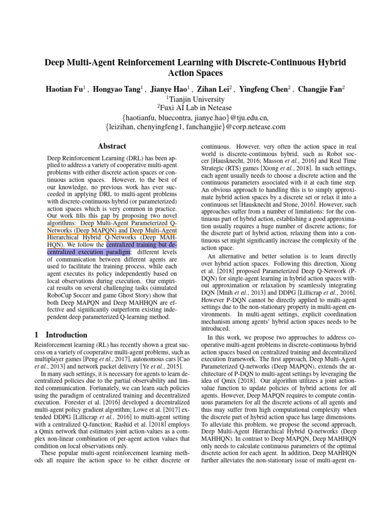 Deep Multi-Agent Reinforcement Learning With Discrete-Continuous Hybrid Action Spaces | PDF ...