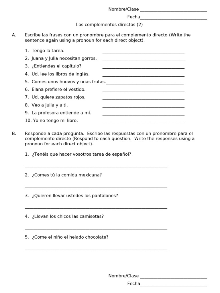 Ejercicios sobre Complementos Directos en Español | PDF | Relaciones ...