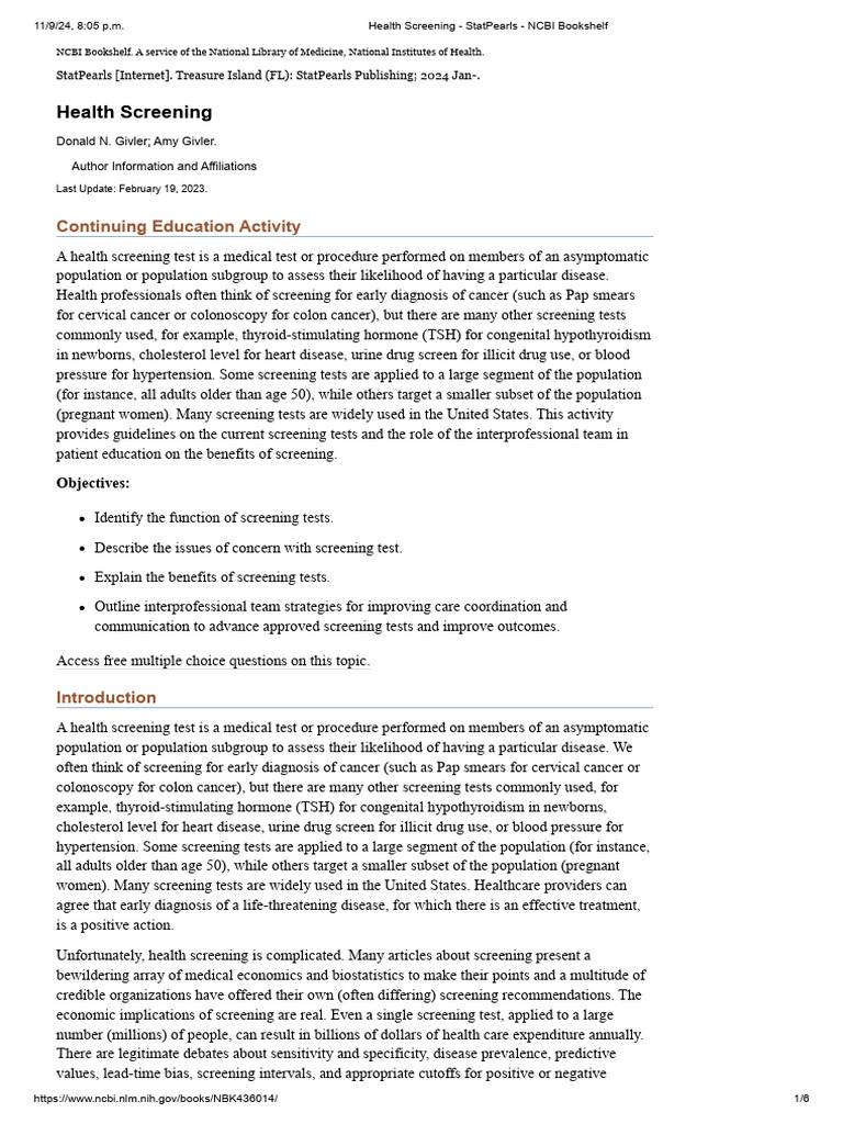 Health Screening - StatPearls - NCBI Bookshelf | PDF | Coronary Artery ...