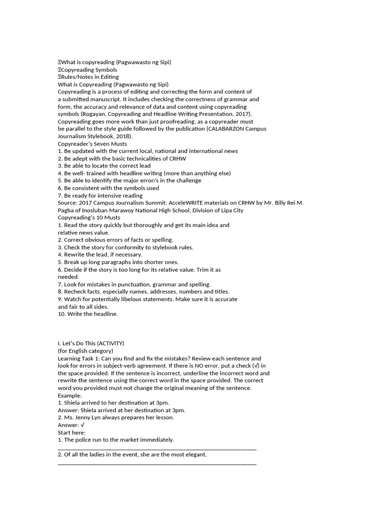 copy reading activity 3 | PDF | Copy Editing | Proofreading copy reading activity 3 | PDF | Copy Editing | Proofreading
