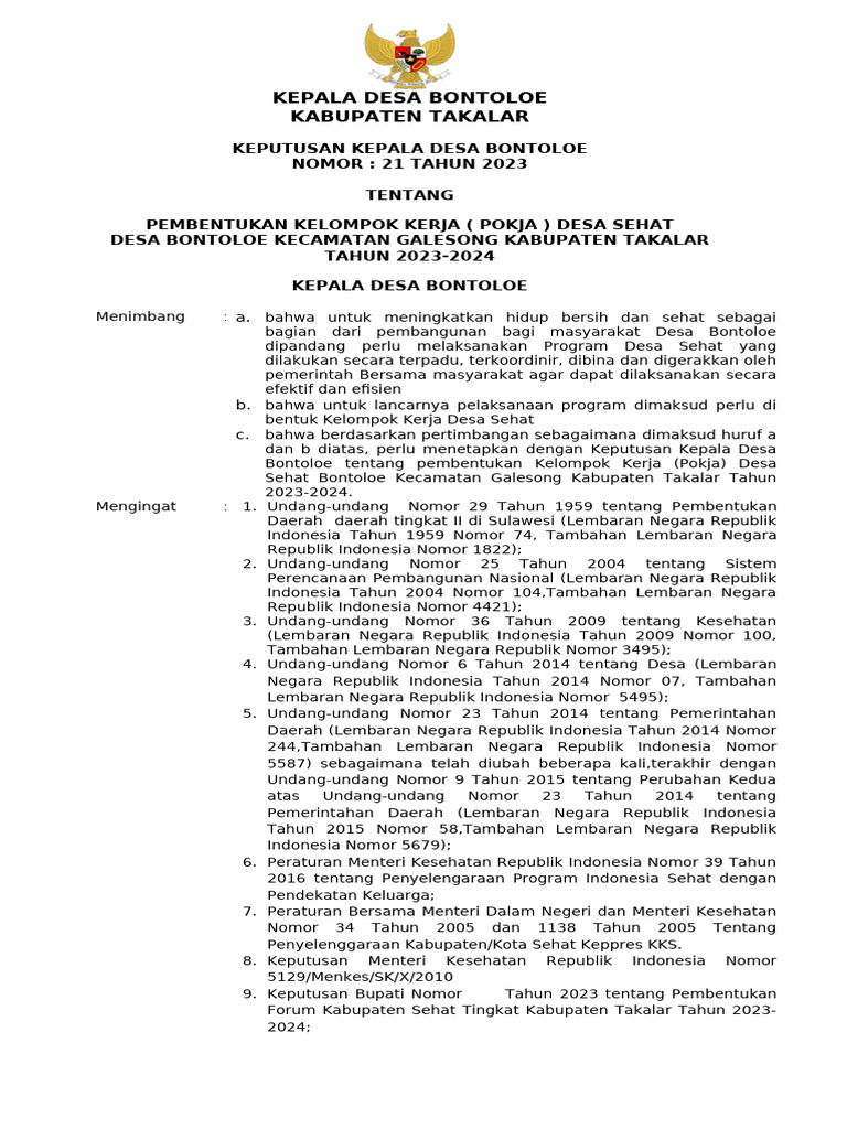 SK Pokja Desa Sehat Bontoloe | PDF