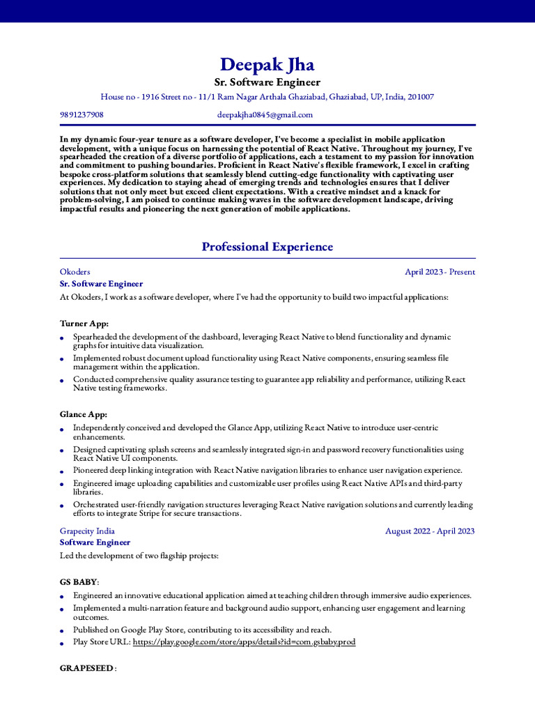 Deepak Jha Resume | PDF | Google Play | Software