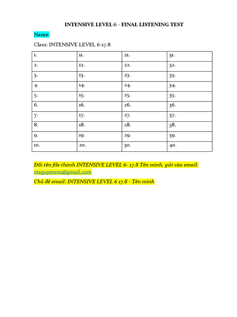 Ielts Intensive 6 Final Listening Answer Sheet | PDF
