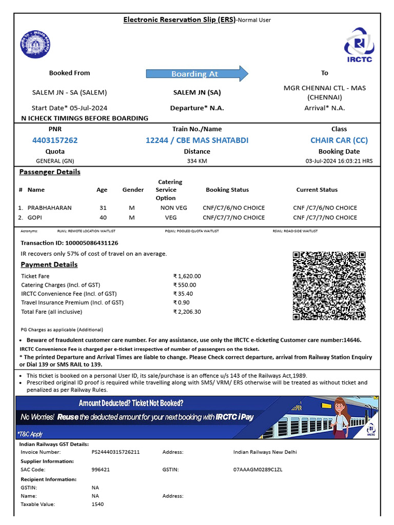 Indian Railways E-Ticket Booking Details | PDF | Identity Document ...