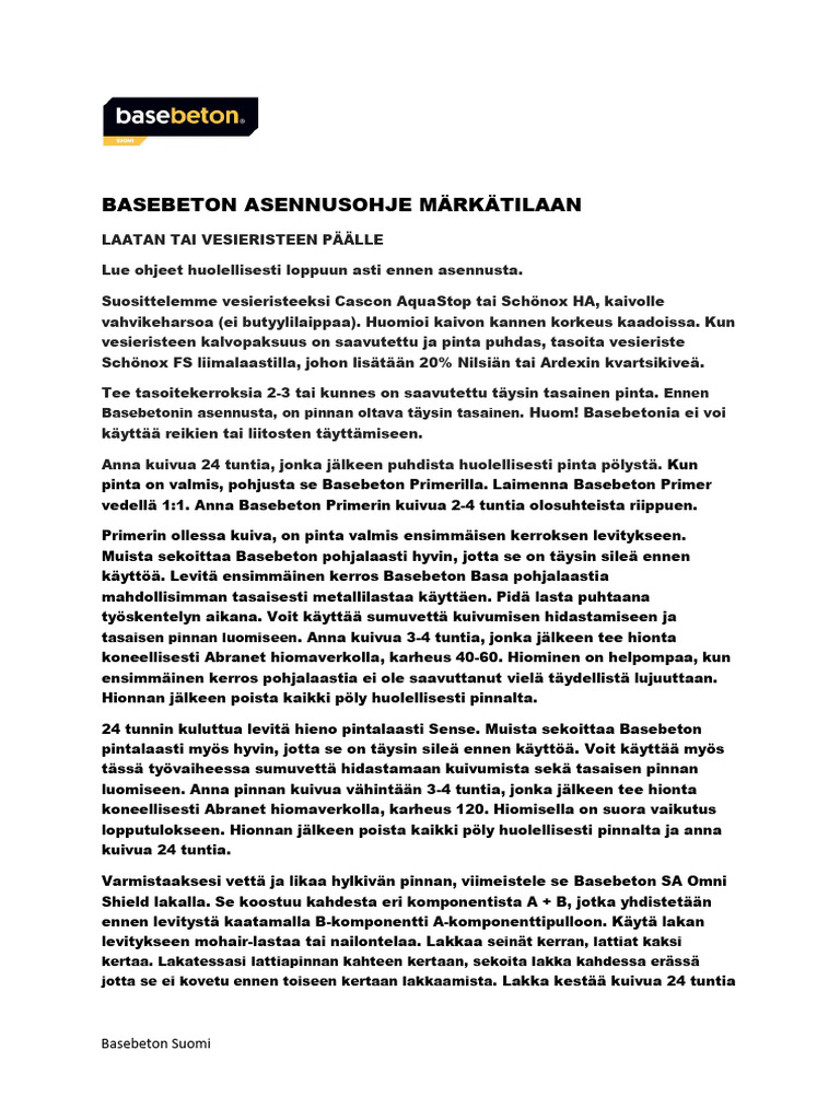 Basebeton Asennusohje Markatila | PDF