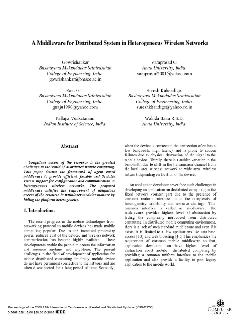 A Middleware For Distributed System in Heterogeneous Wireless Networks | PDF | Computer Network ...