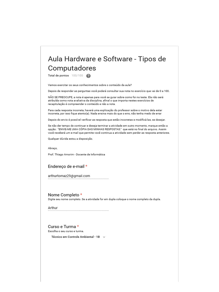 Aula Hardware e Software - Tipos de Computadores Respostas | PDF | Notebook | Ambiente de desktop