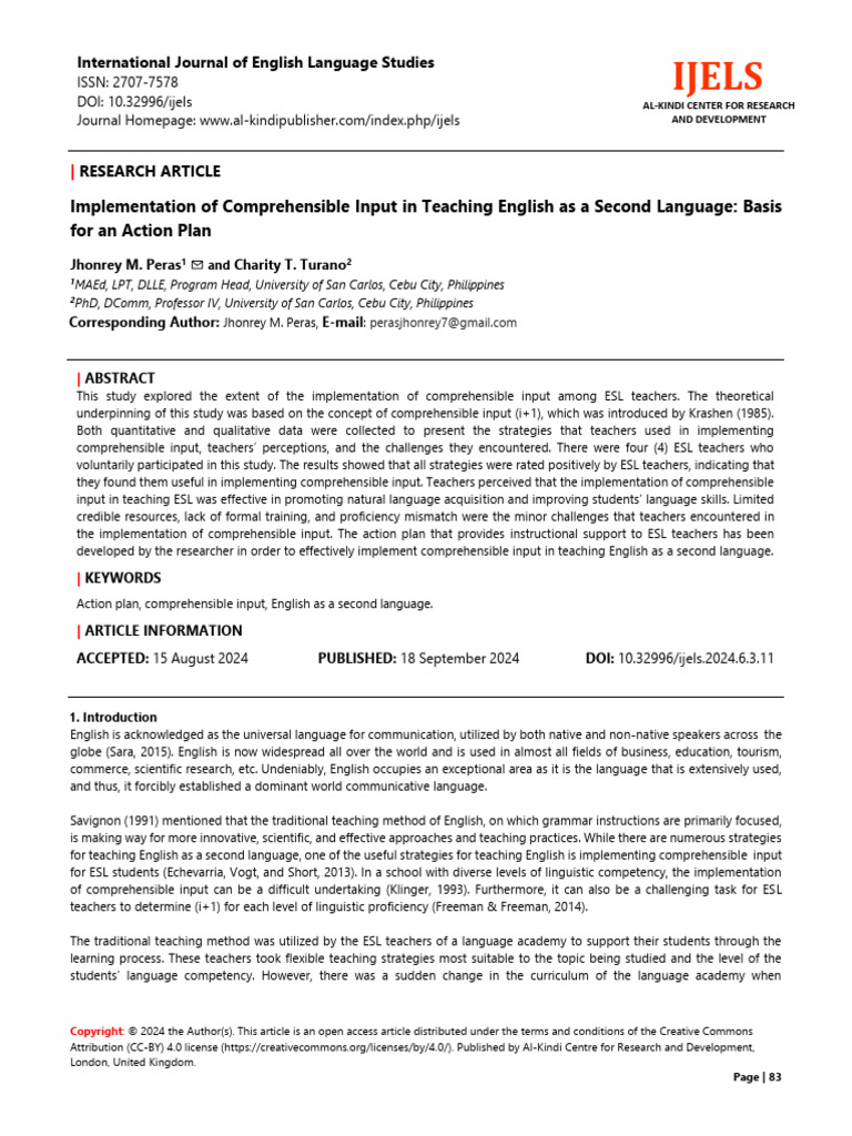 Implementation of Comprehensible Input in Teaching | PDF | English As A Second Or Foreign ...