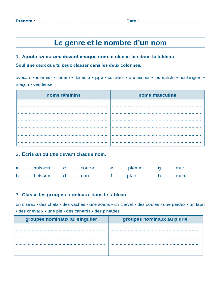 Exercices sur le genre et le nombre des noms | PDF | Linguistique ...