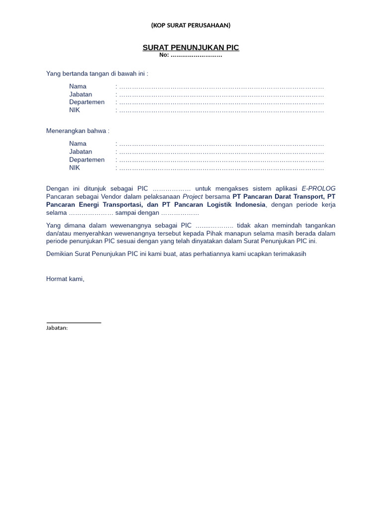 Surat Penunjukan PIC E-PROLOG | PDF