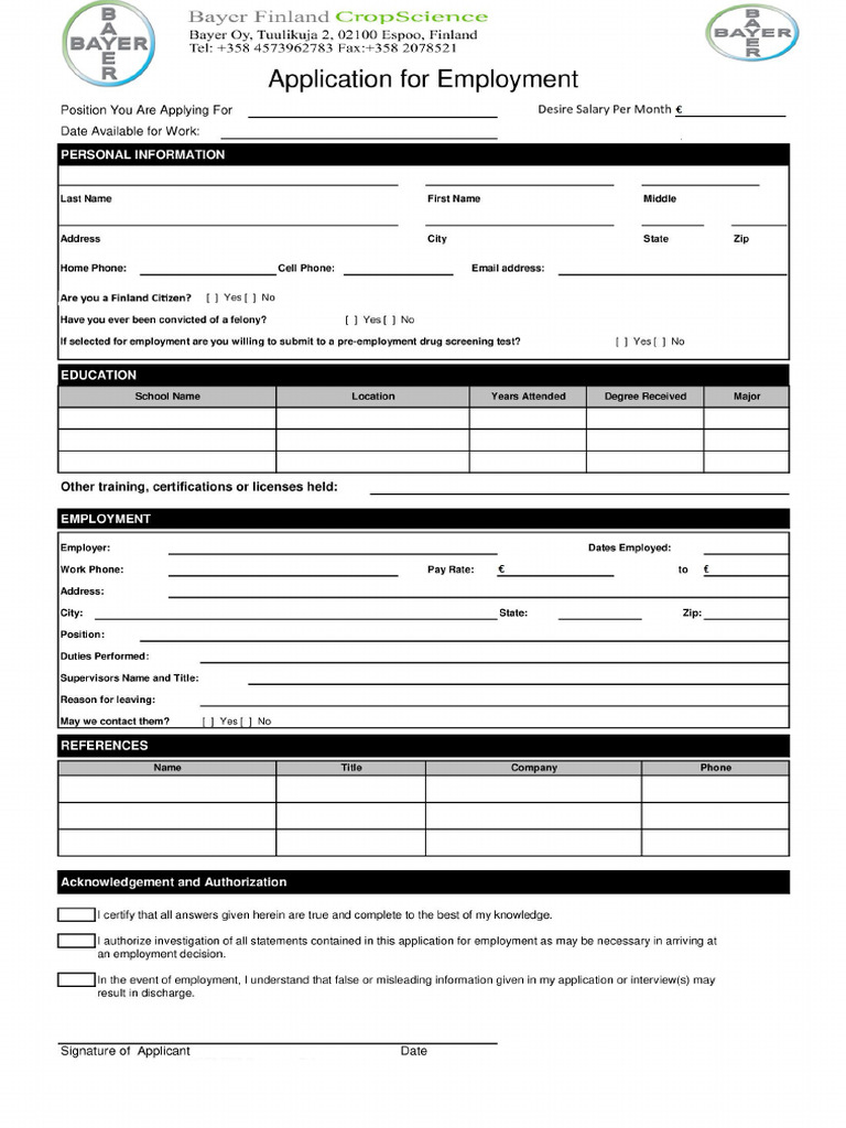 Bayer Finland Emplomnt Form | PDF