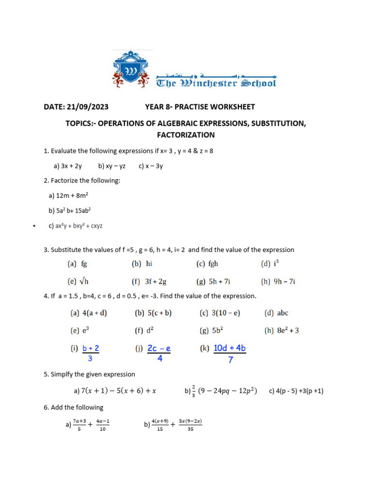 20th Sep - Y8 - Practice WS - Substitution | PDF