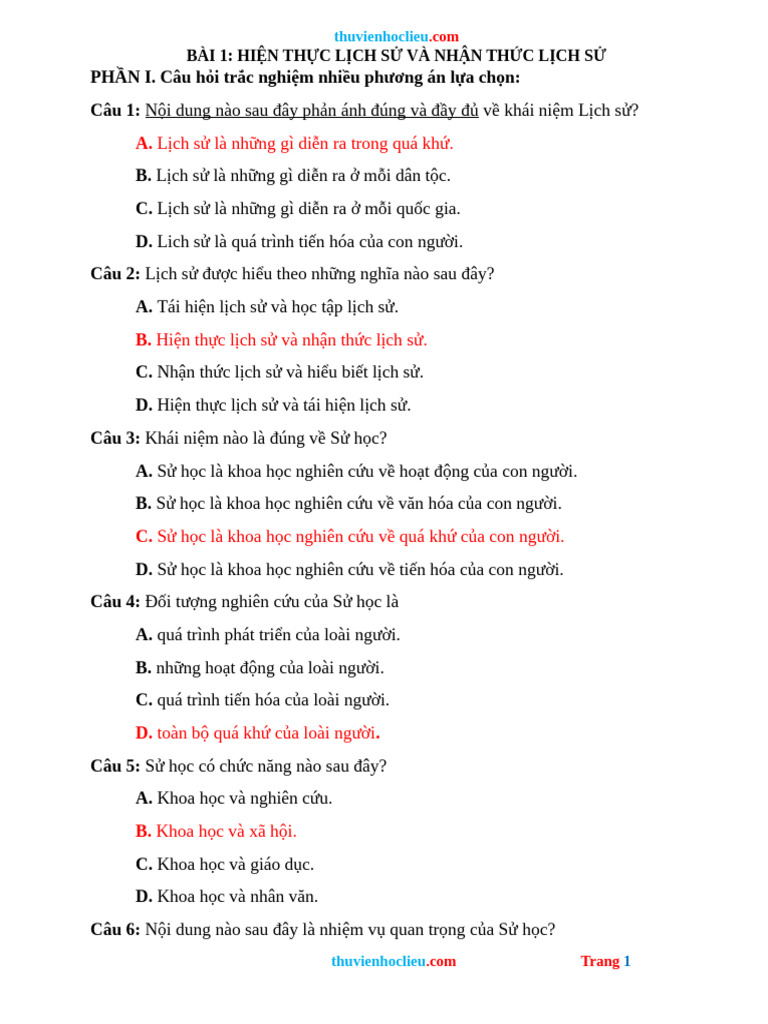 Trac Nghiem Dung Sai Bai 1 Hien Thuc Lich Su Va Nhan Thuc Lich Su | PDF
