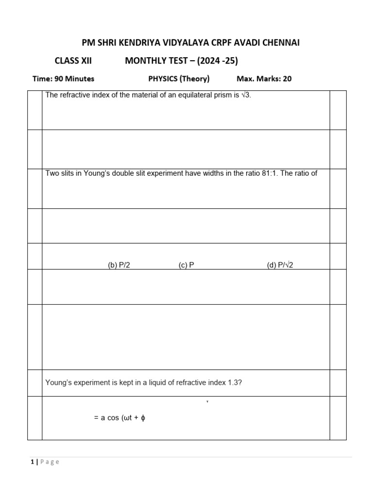New August MT QP Xii Physics | PDF | Refraction | Diffraction