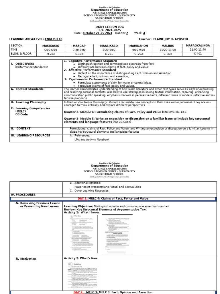 English 10 Daily Lesson Log: Week 4 | PDF | Learning | Constructivism (Philosophy Of Education)