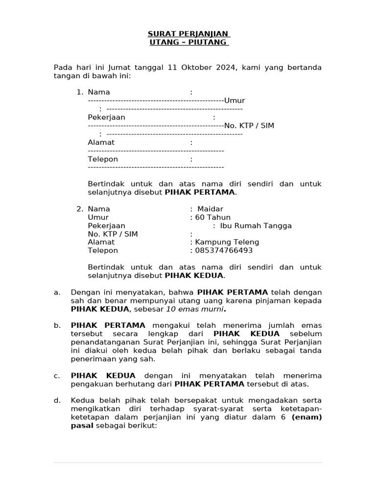 Surat Perjanjian Utang Piutang Sah | PDF
