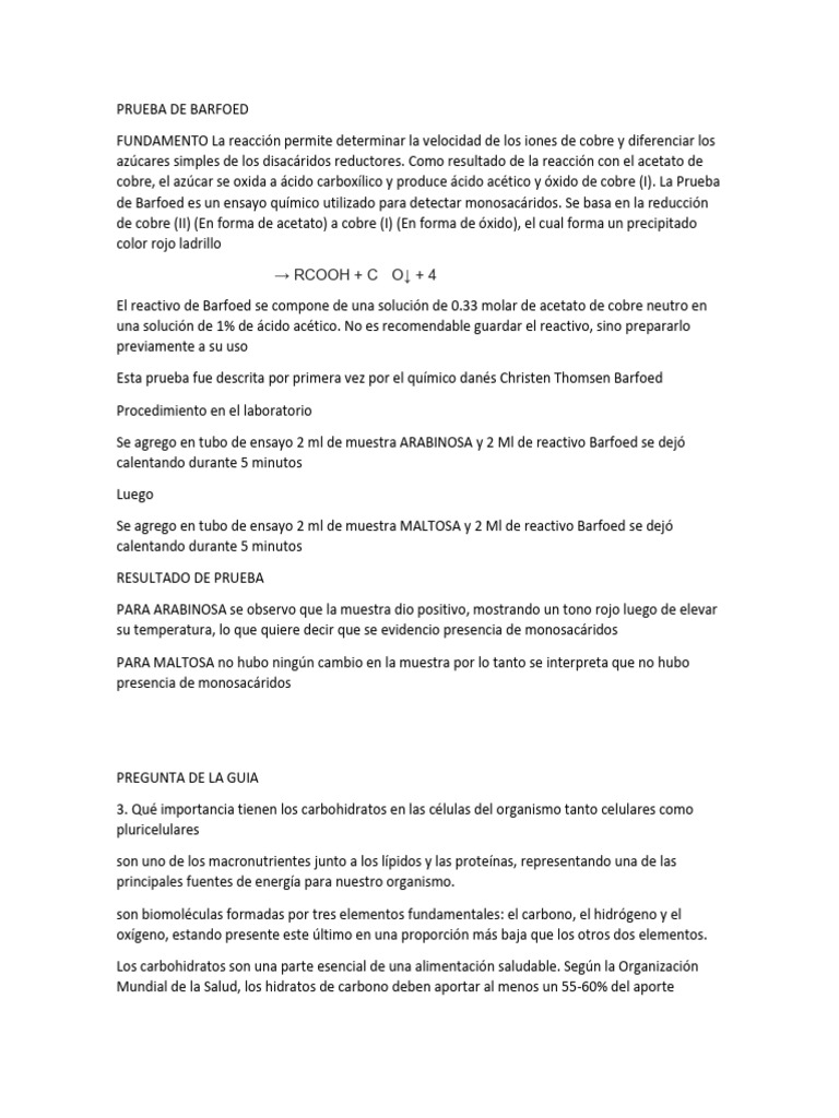 Prueba de Barfoed: Detección de Monosacáridos | PDF | Carbohidratos ...