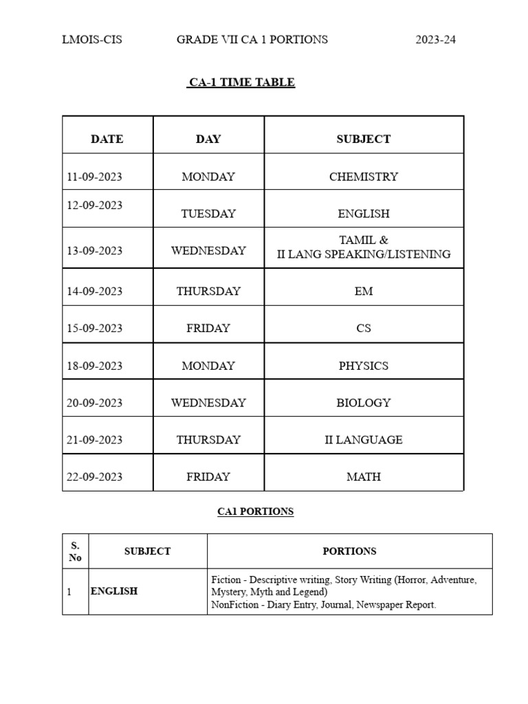 Grade Vii Ca1 Portions & Timetable 2023-24 | PDF