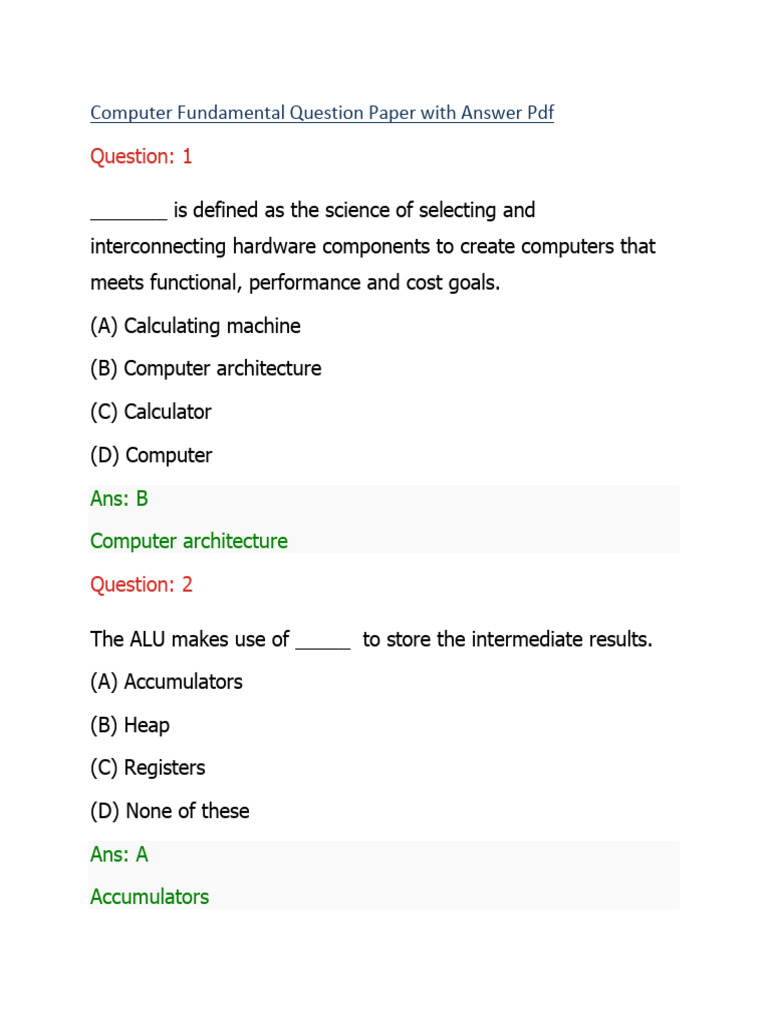Computer Fundamental Question Paper With Answer | PDF | Teaching Methods & Materials | Computers