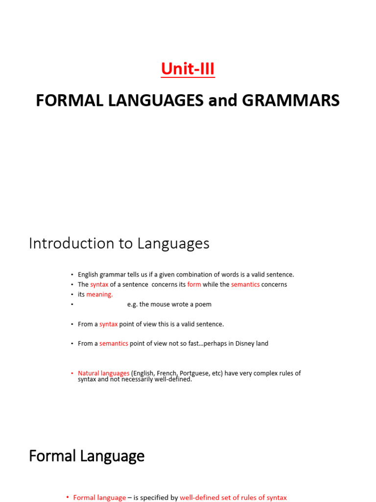UnitIII Formal Languages and Grammars | PDF | Syntax | Semantics