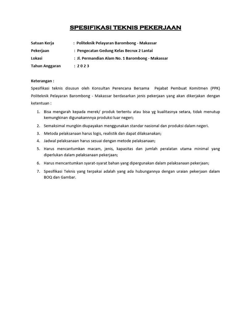 Spesifikasi Teknis Pekerjaan | PDF | Griya & Taman | Teknologi & Rekayasa