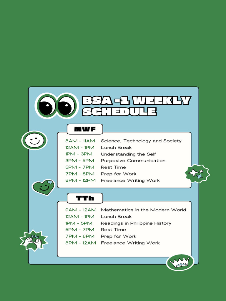 BSA-1 Weekly Class and Work Schedule | PDF | Social Science | Foreign Language Studies