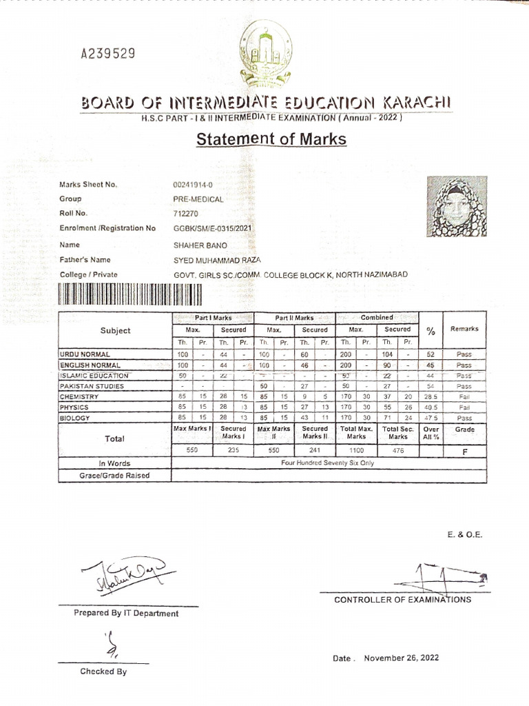 Statement of Marks For SH | PDF