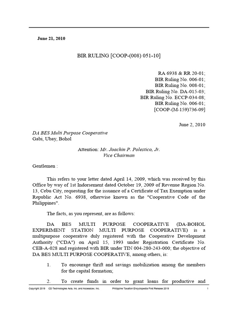 BIR Ruling (COOP - (008) 051-10) | PDF | Taxes | Capital Gains Tax