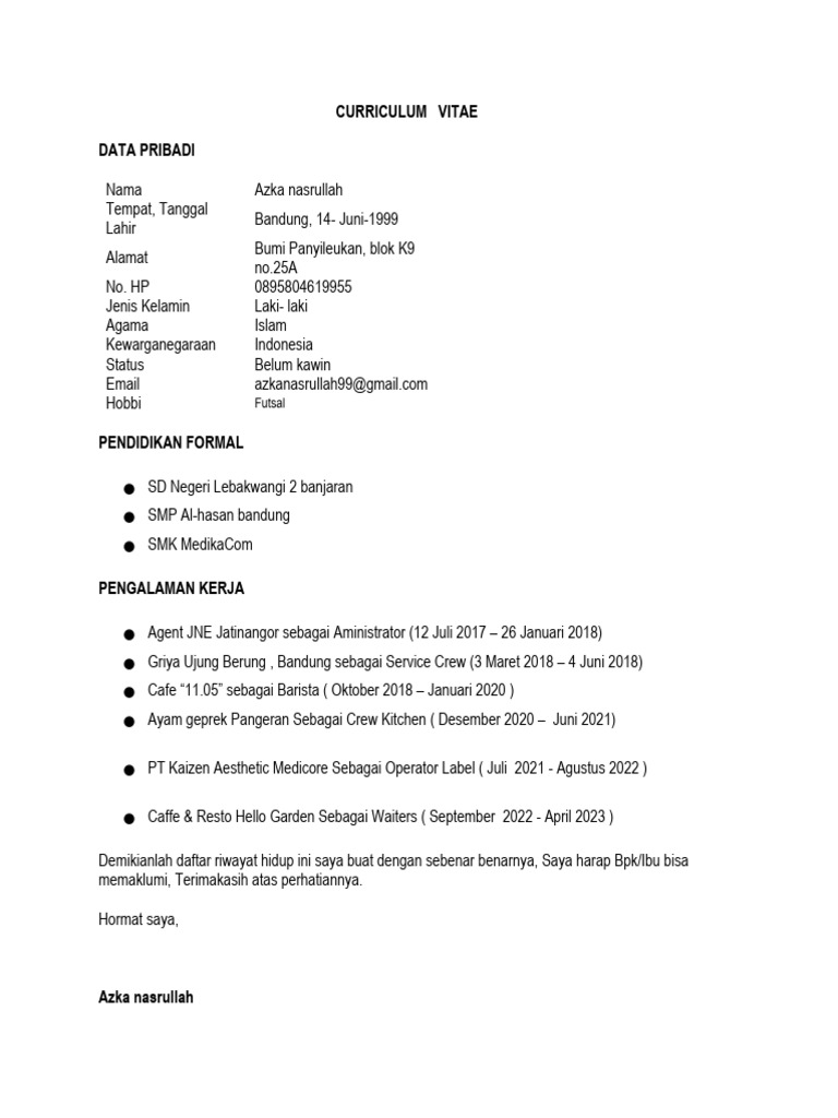 CV Azka Nasrullah Segara | PDF