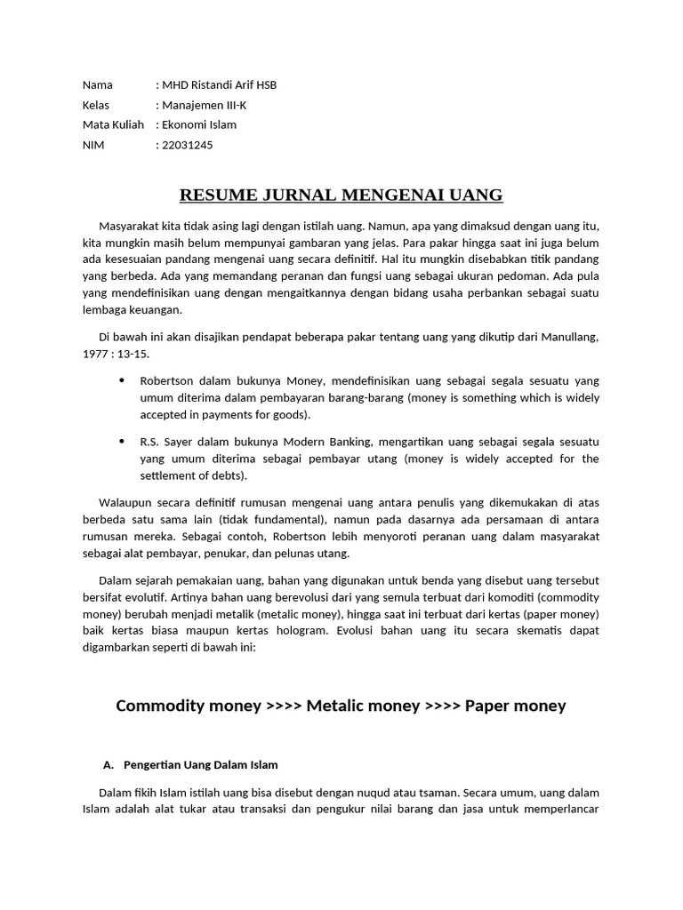Resume Jurnal Mengenai Uang (MHD Ristandi Arif HSB) | PDF | Pengelolaan ...