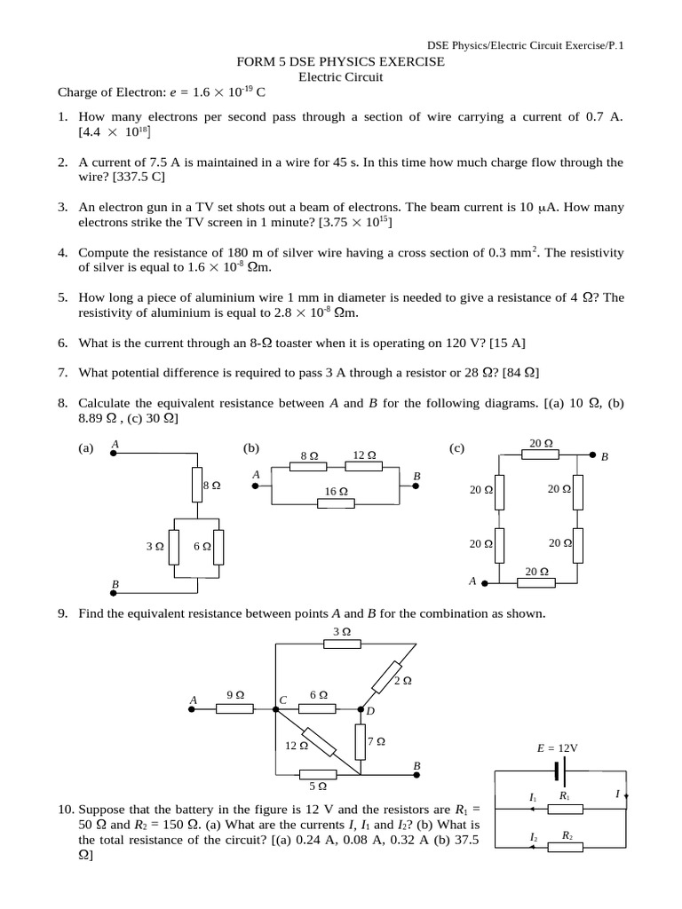 Phy Ex E - M Electric Circuit Unknown Exercise-Q | PDF | Electrical Resistance And Conductance ...