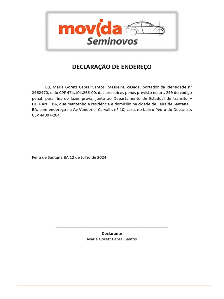 Declaração de Endereço - Maria Gorett Santos | PDF