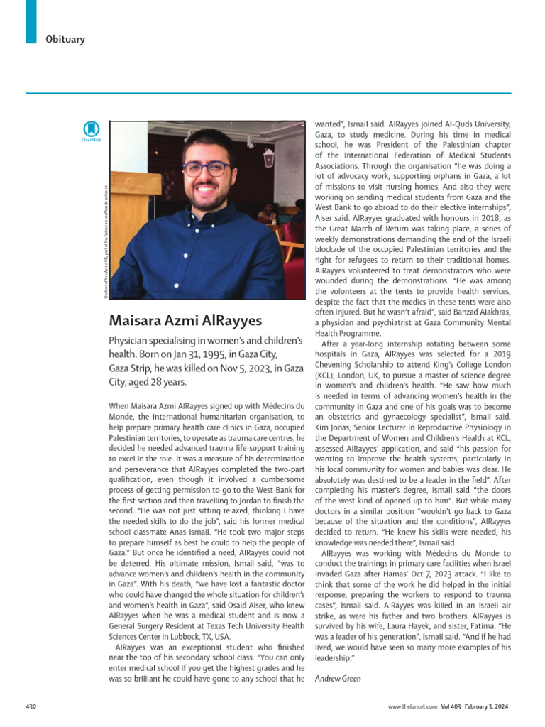Maisara Azmi AlRayyes - Lancet | PDF | Gaza Strip | Israeli–Palestinian ...