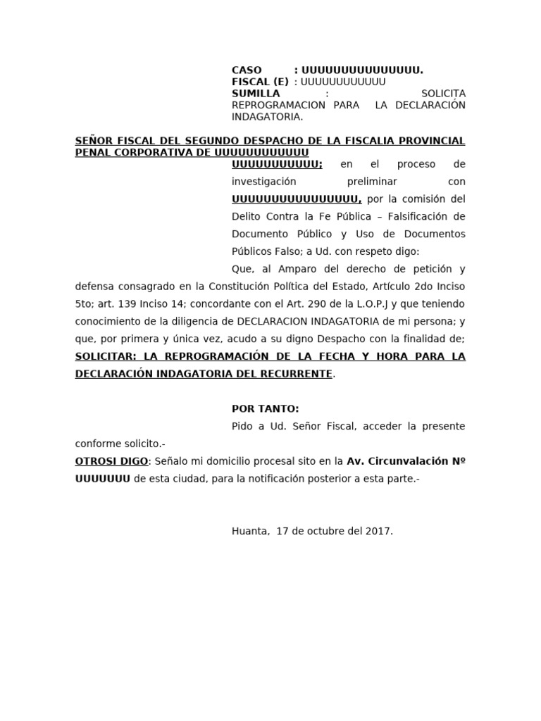 Solicita Reprogramacion para La Declaración Indagatoria | PDF