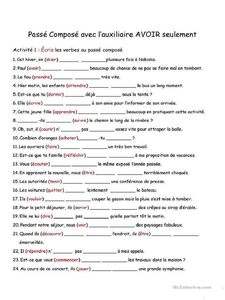 Passé Composé Avec Auxiliaire AVOIR | PDF