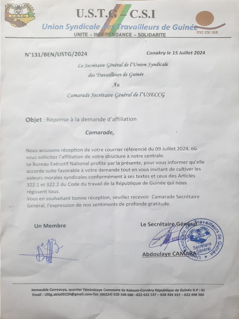 Lettre de Reconnaissance de l'USTG | PDF