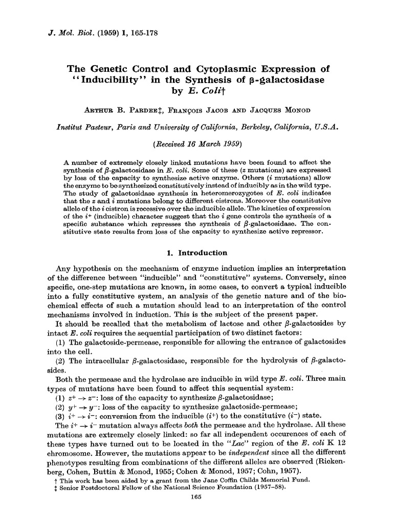 Genetic Control of β-Galactosidase in E. coli | PDF | Molecular ...