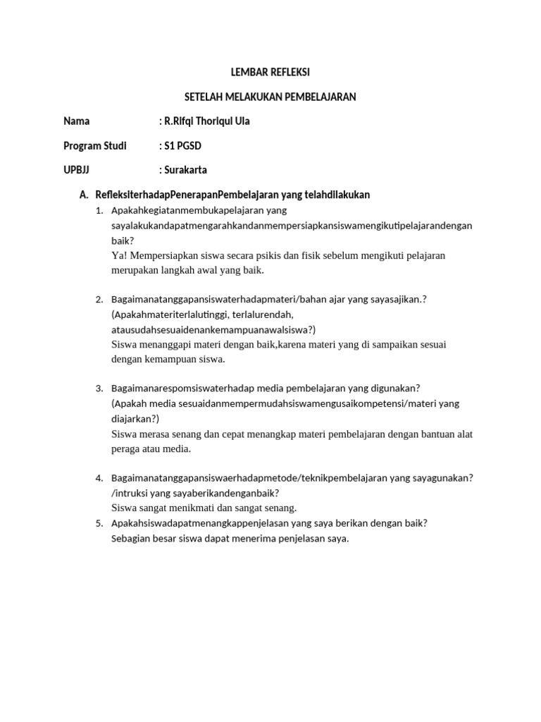 Refleksi Pembelajaran PGSD | PDF | Karier & Perkembangan | Kesehatan Holistik