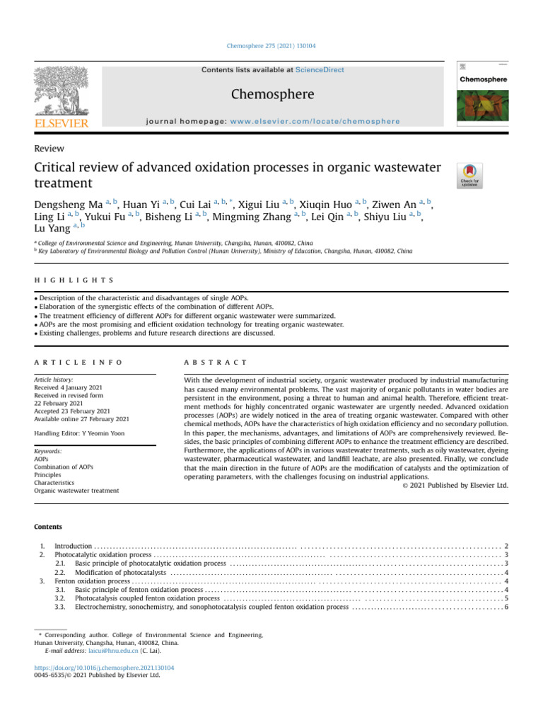 Critical Review of Advanced Oxidation Processes in Organic Wastewater ...