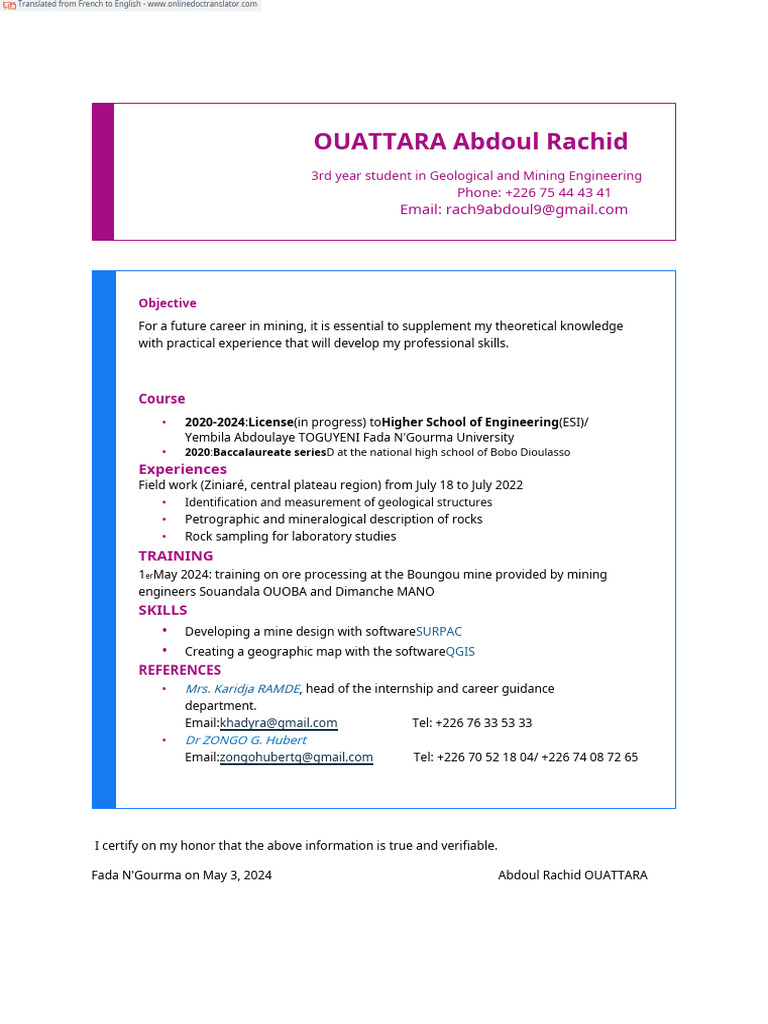 OUATTARA Abdoul Rachid CV - Fr.en | PDF | Minerals | Earth Sciences