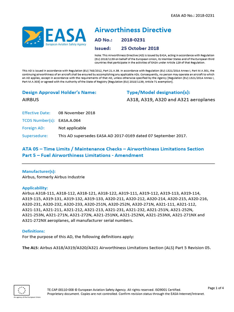 Ata 05 - Easa - Ad - 2018-0231 - 1 | PDF | Aviation | Airbus