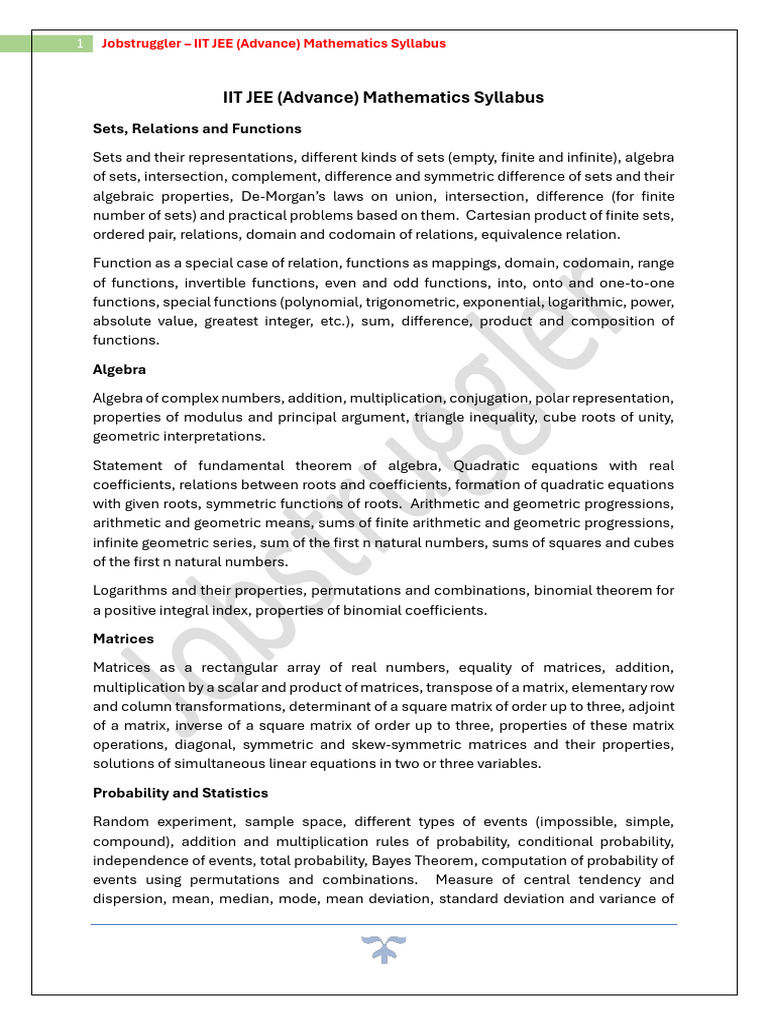 IIT JEE (Advance) Mathematics Syllabus | PDF | Function (Mathematics ...